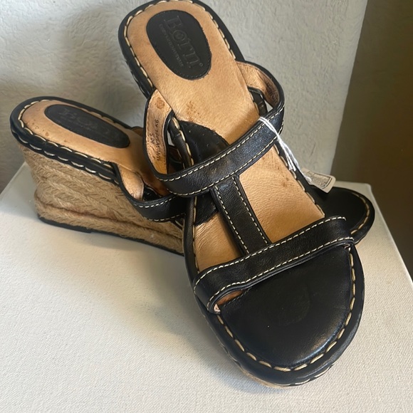 Born | Shoes | New Born Wedge Sandals Black Leather And Cute Woven Heel ...